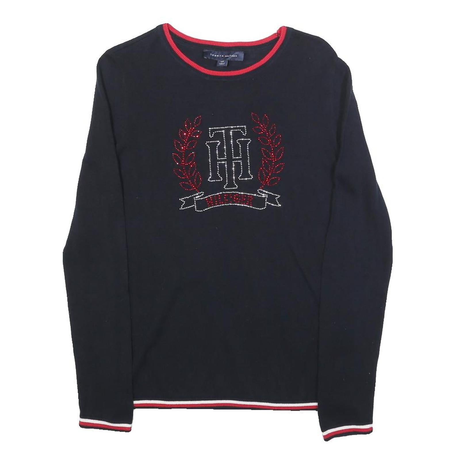 TOMMY HILFIGER Womens Navy Blue Heavy Knit Crew Neck Jumper S Embellis ...