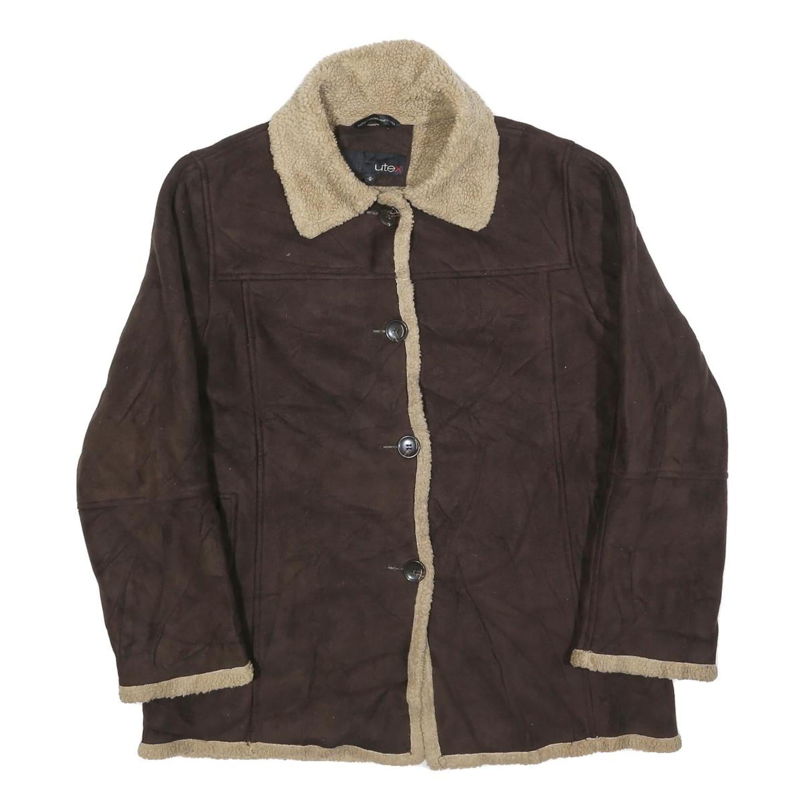 UTEX Womens Brown Suede Button Jacket S Shearling Collar Casual Outerw ...