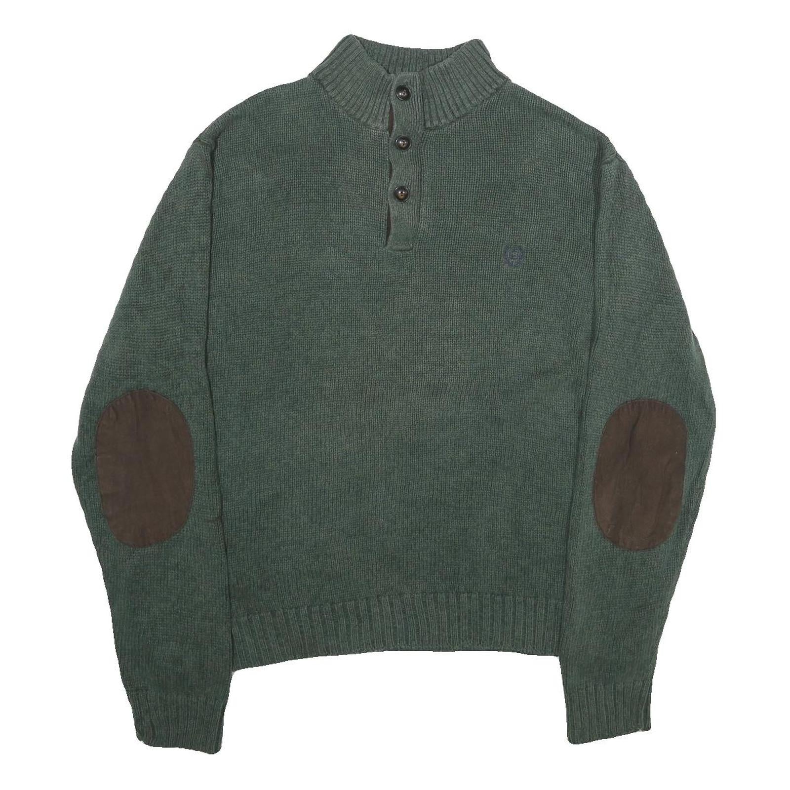 CHAPS Mens Green Jumper Cotton Pullover Button Neck Rib Knit L Elbow P ...