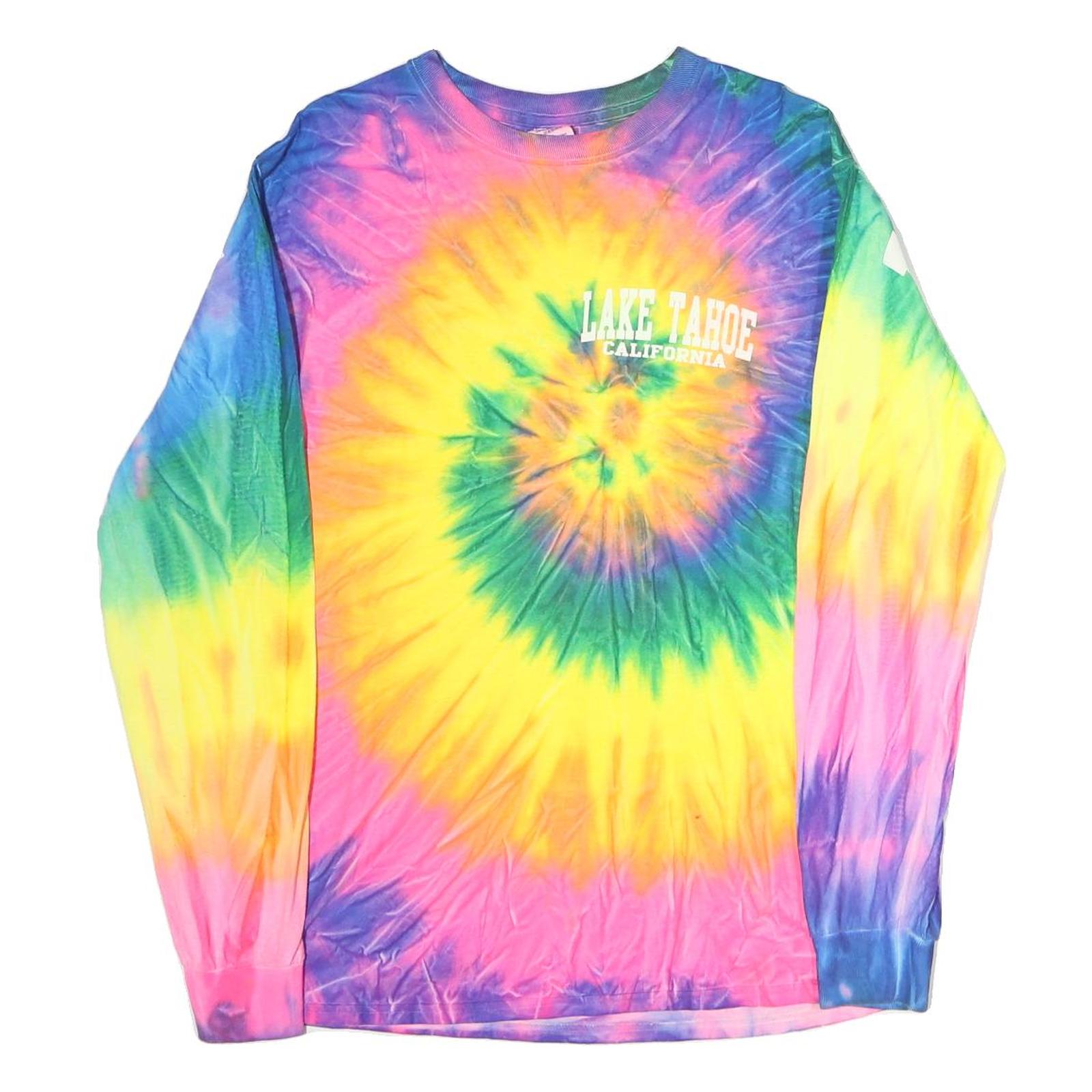GILDAN Mens Yellow & Pink Tie Dye Long Sleeve Crew Neck T-Shirt M Cott ...